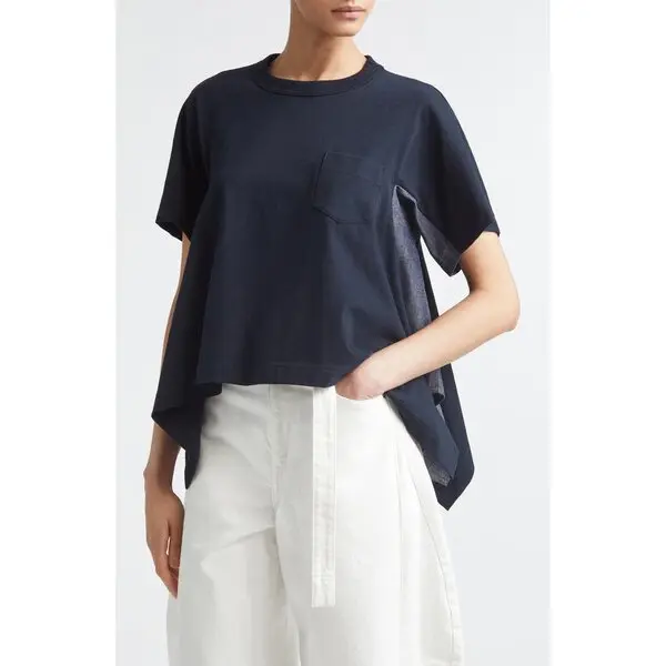 Sacai Lightweight Cotton Jersey & Denim T-shirt - Navy/blue