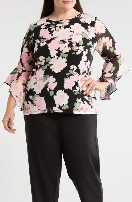 KASPER Floral Print Ruffle Sleeve Top - Black Multi