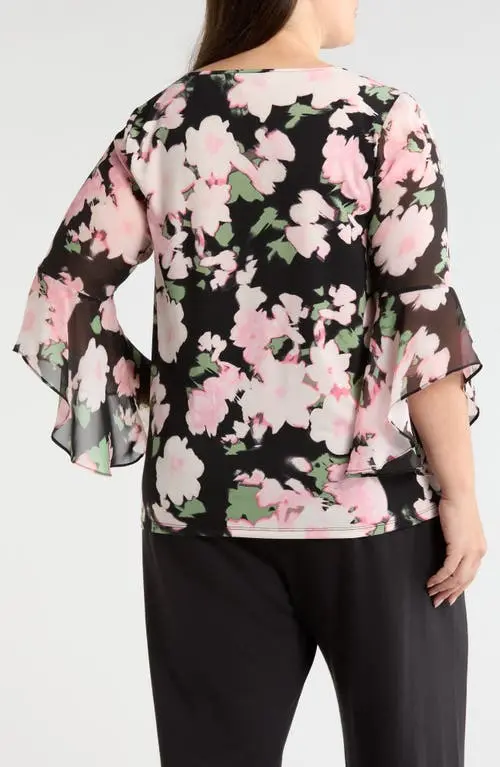 KASPER Floral Print Ruffle Sleeve Top - Black Multi