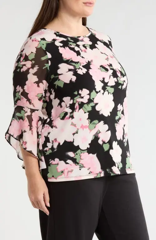 KASPER Floral Print Ruffle Sleeve Top - Black Multi