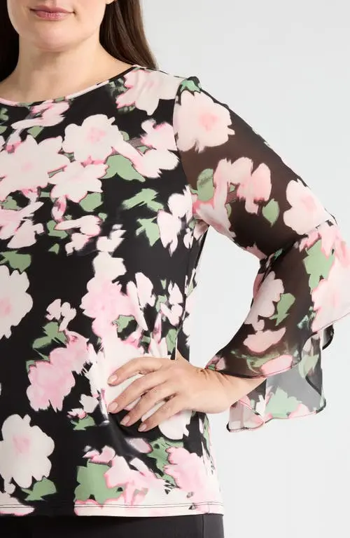 KASPER Floral Print Ruffle Sleeve Top - Black Multi