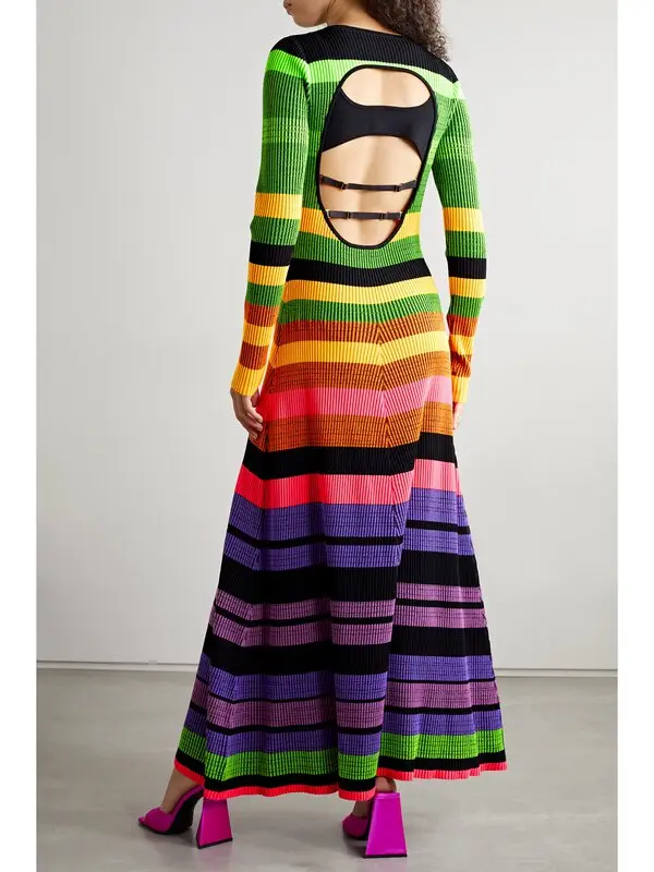 Christopher John Rogers Open-back Striped Ribbed-knit Maxi Dress