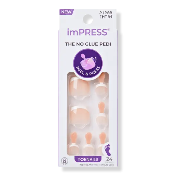 Kiss Impress French Design Short Squoval Press On Toenails - Blanc Chic