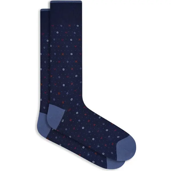 Bugatchi Patterned Mercerized Cotton Blend Dress Socks - Navy