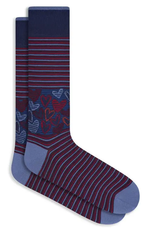 Bugatchi Stripe And Heart Mercerized Cotton Blend Dress Socks - Navy
