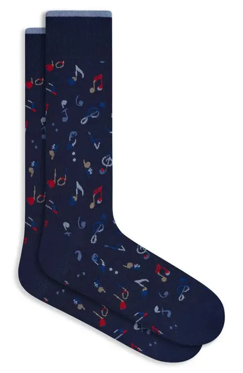 Bugatchi Music Notes Mercerized Cotton Blend Dress Socks - Navy