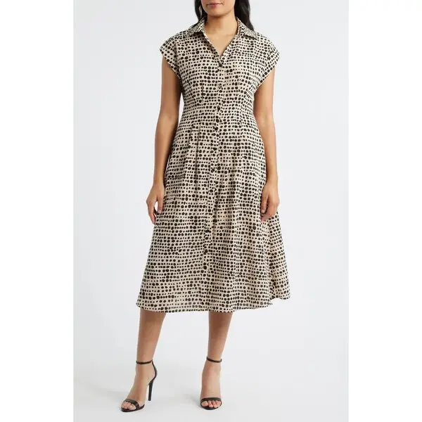 Julia Jordan Mixed Dot Print Midi Shirt Dress - Black Multi