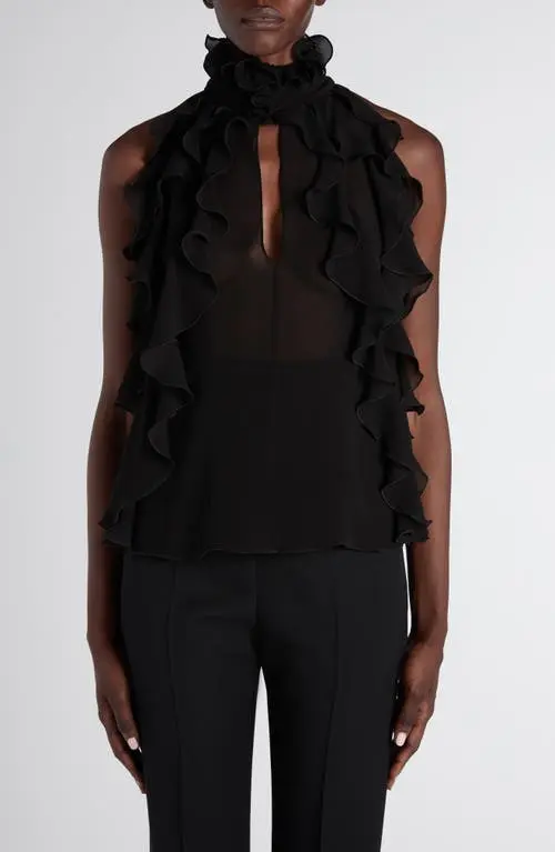 Alexander McQueen High Neck Ruffle Silk Georgette Top - Black