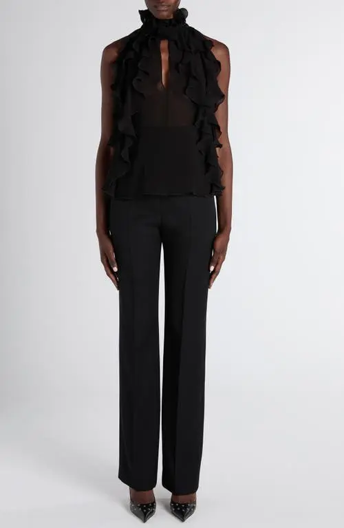 Alexander McQueen High Neck Ruffle Silk Georgette Top - Black
