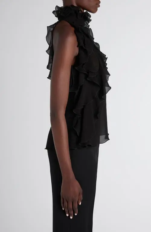 Alexander McQueen High Neck Ruffle Silk Georgette Top - Black