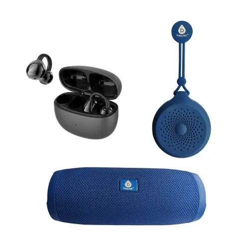 PURSONIC Total Audio Freedom Collectionwireless Earbuds + Extended-play 360° Speaker + Waterproof Suction Speaker - Blue