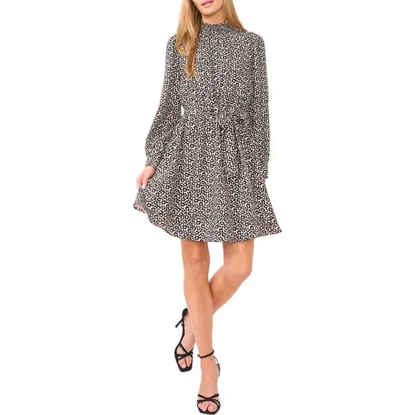 Halogen Flower Print Long Sleeve Smock Neck Dress - Birch