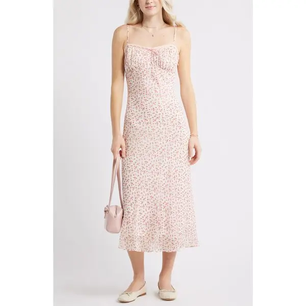Bp. Tie-front Chiffon Midi Dress - Ivory- Pink Elizabeth Floral
