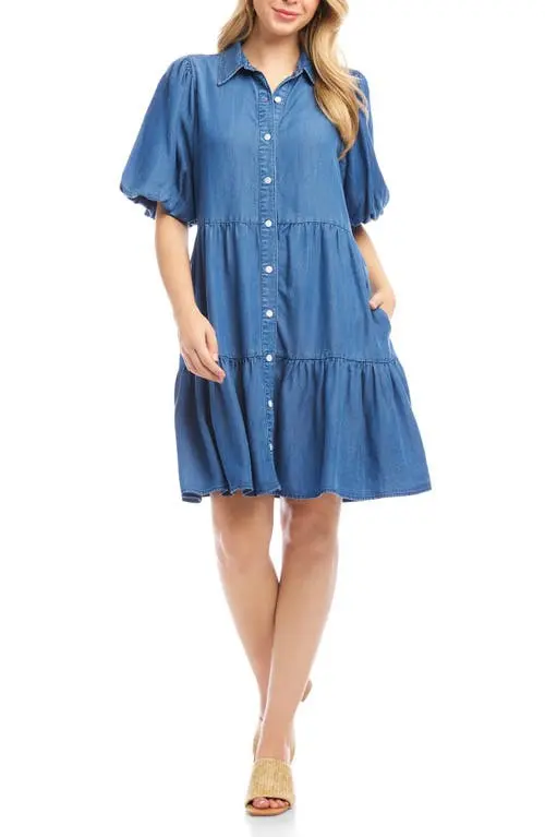 Karen Kane Tiered Denim Shirt Dress - Blue