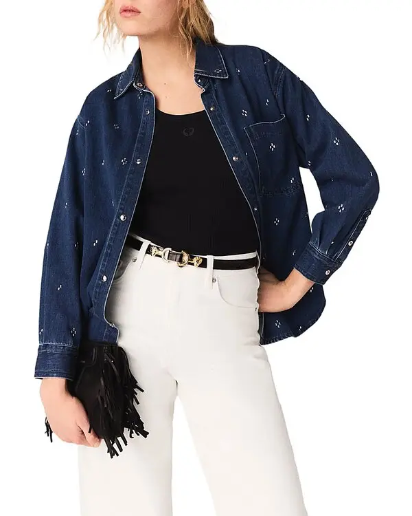 Maje Rhinestone Embellished Denim Shirt