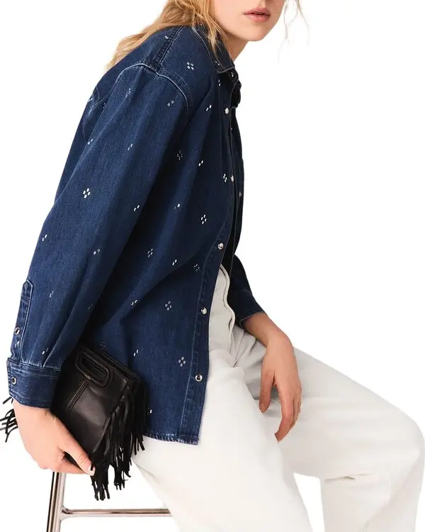 Maje Rhinestone Embellished Denim Shirt