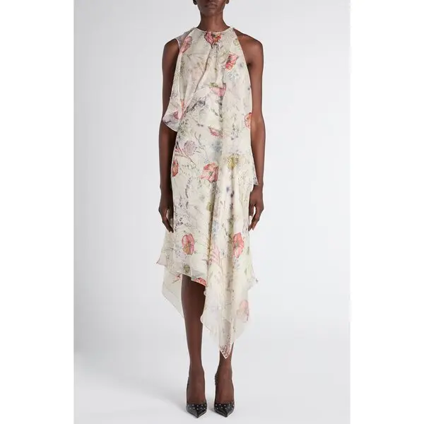 Alexander McQueen Meadow Floral Print Asymmetric Silk Chiffon Dress