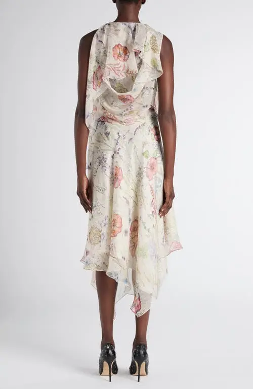 Alexander McQueen Meadow Floral Print Asymmetric Silk Chiffon Dress