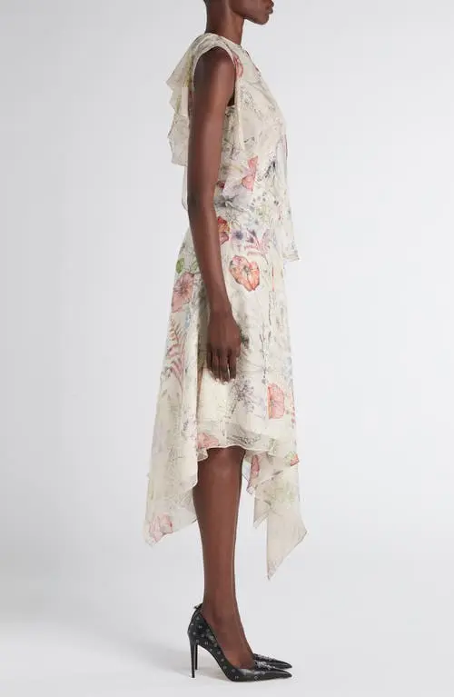 Alexander McQueen Meadow Floral Print Asymmetric Silk Chiffon Dress