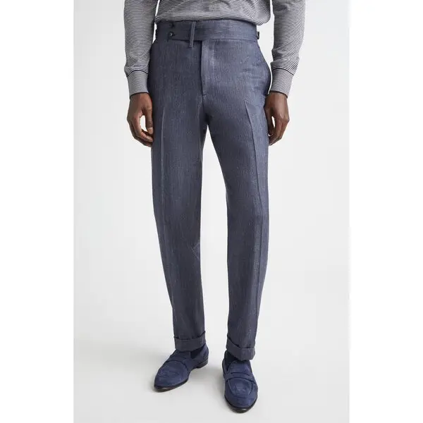 Isaia Denim Effect Stretch Wool Trousers - Medium Blue