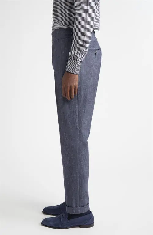 Isaia Denim Effect Stretch Wool Trousers - Medium Blue