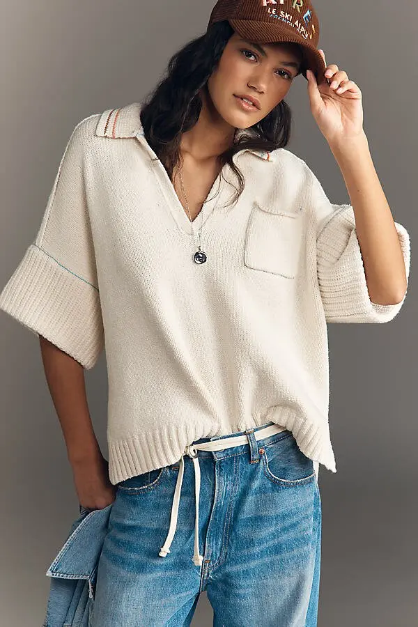 PILCRO Half-sleeve Collared V-neck Popover Top