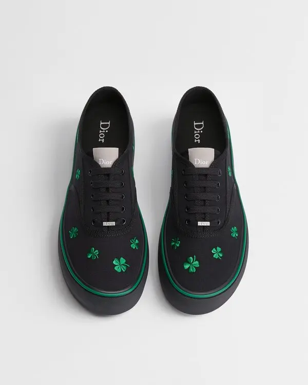 Dior Saltwind Sneaker - Black Cotton Embroidered With Bright Green Dior Clover Motif
