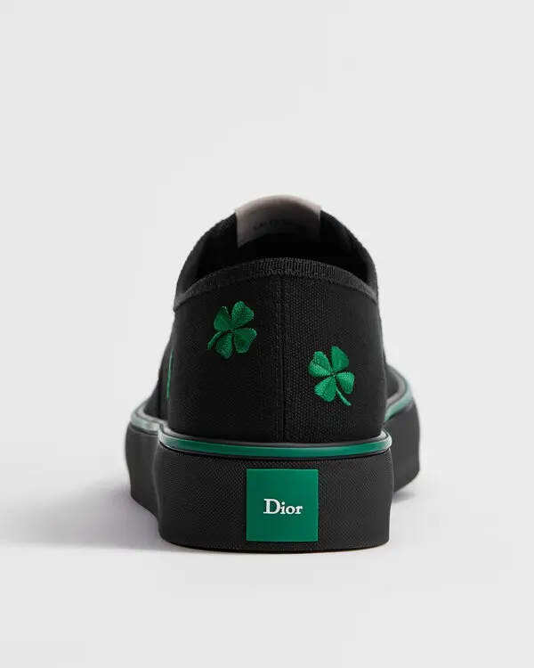 Dior Saltwind Sneaker - Black Cotton Embroidered With Bright Green Dior Clover Motif