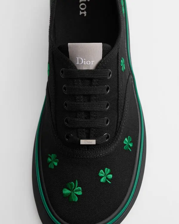 Dior Saltwind Sneaker - Black Cotton Embroidered With Bright Green Dior Clover Motif