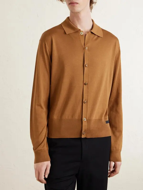 Versace Logo-appliquéd Silk And Cotton-blend Cardigan - Brown