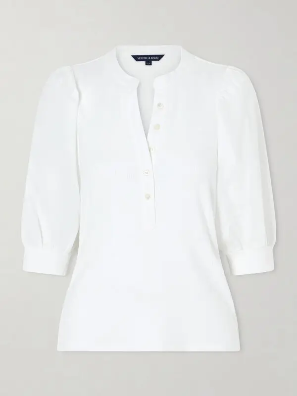 Veronica Beard Coralee Poplin And Ribbed Stretch-pima Cotton-jersey Top - White