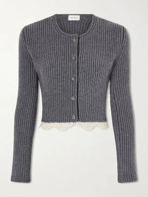Magda Butrym Cropped Lace-trimmed Ribbed Wool Cardigan - Gray