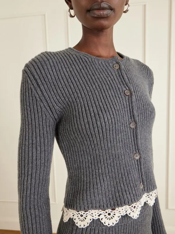 Magda Butrym Cropped Lace-trimmed Ribbed Wool Cardigan