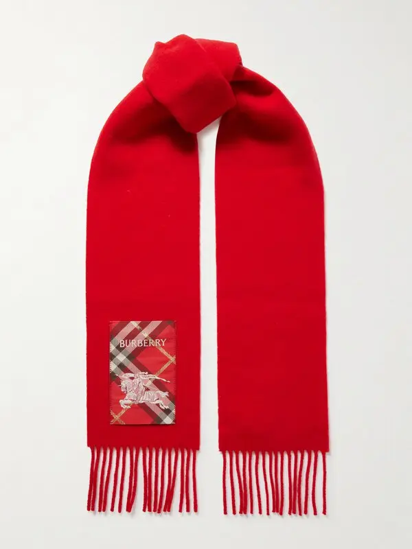 Burberry Appliquéd Fringed Cashmere Scarf - Red