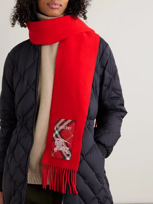 Burberry Appliquéd Fringed Cashmere Scarf - Red