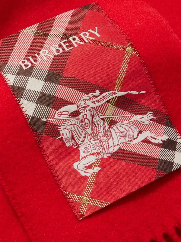 Burberry Appliquéd Fringed Cashmere Scarf - Red