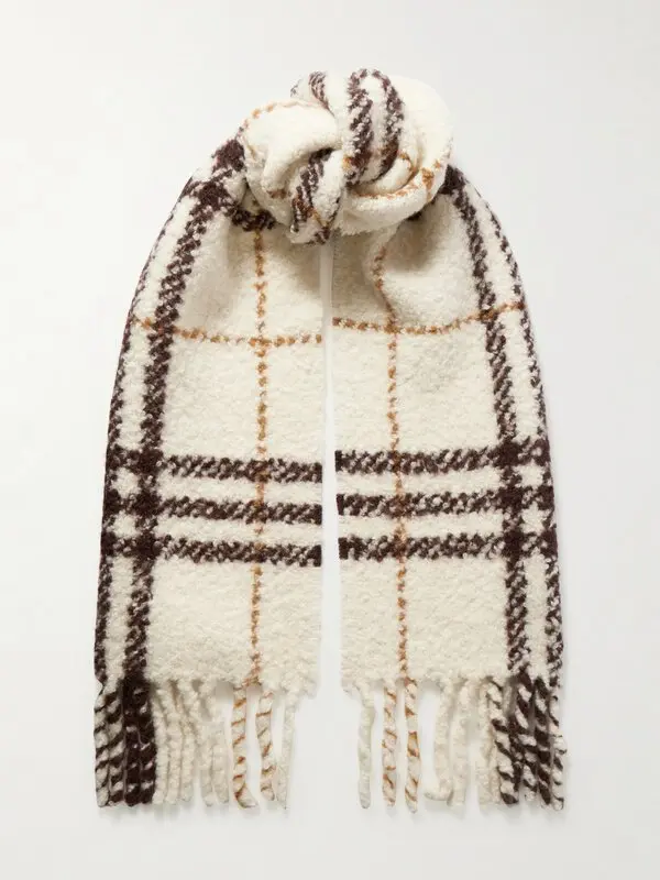 Burberry Fringed Checked Alpaca-blend Bouclé Scarf - Neutrals