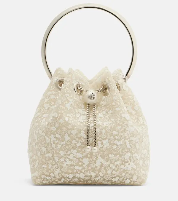 JIMMY CHOO Bon Bon Small Embellished Lace Bucket Bag - White
