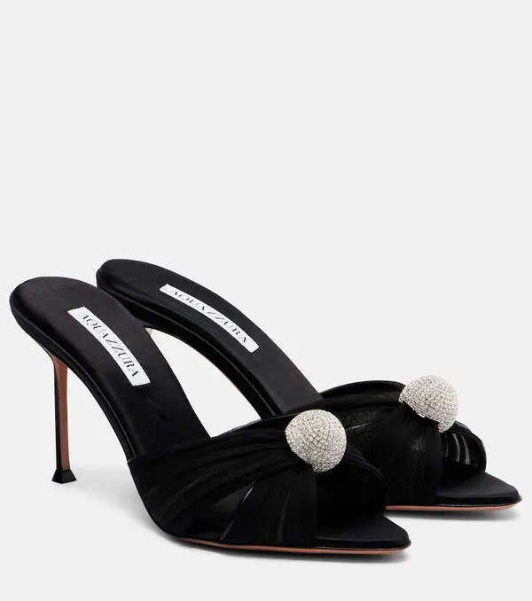 AQUAZZURA Embellished Satin Mules - Black