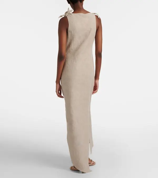 Coperni Floral-appliqué Asymmetric Linen Maxi Dress