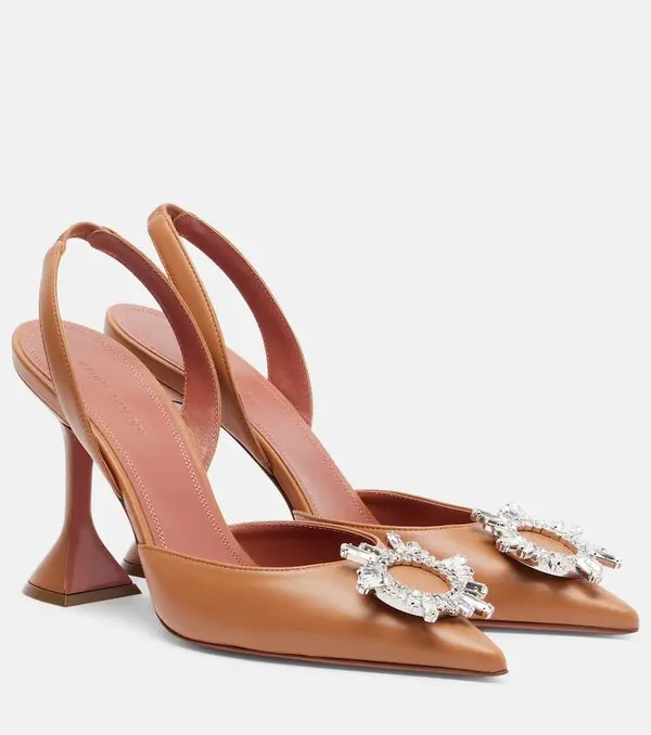 Amina Muaddi Begum 95 Leather Slingback Pumps - Brown