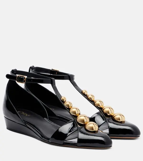 Chloé Cleia Studded Patent Leather Wedges - Black