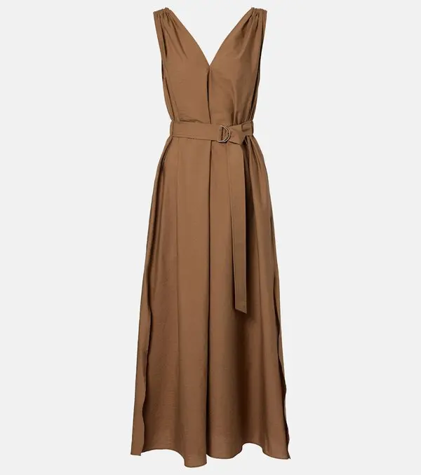 Brunello Cucinelli Belted Cotton-blend Midi Dress - Beige