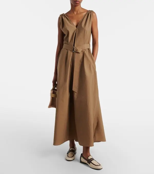 Brunello Cucinelli Belted Cotton-blend Midi Dress - Beige