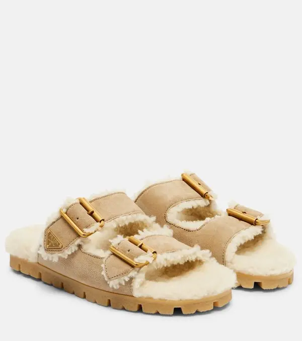 Prada Shearling-lined Suede Sandals - Beige