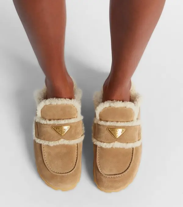 Prada Shearling-lined Suede Mules - Beige