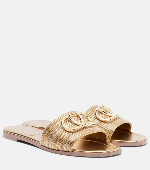 Valentino Garavani Vlogo Embroidered Leather Slides - Gold