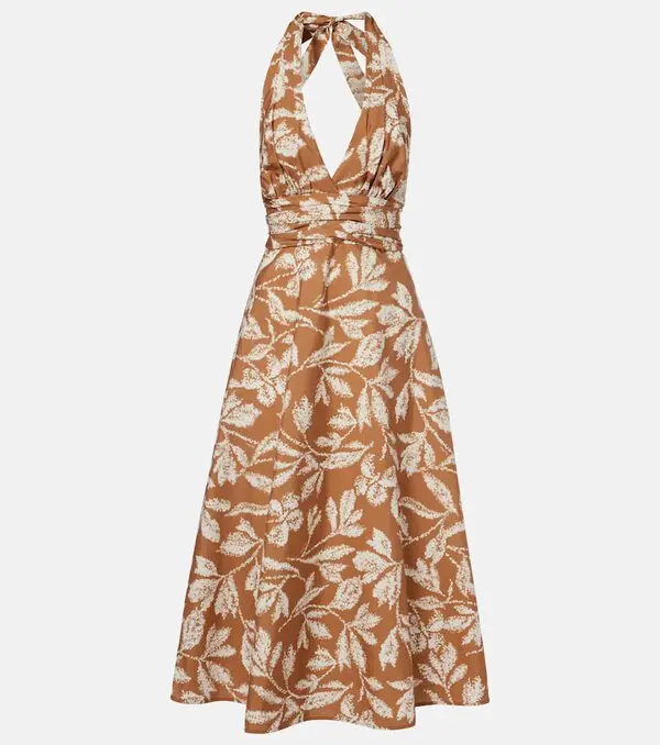 Max Mara Halterneck Printed Cotton Midi Dress - Beige