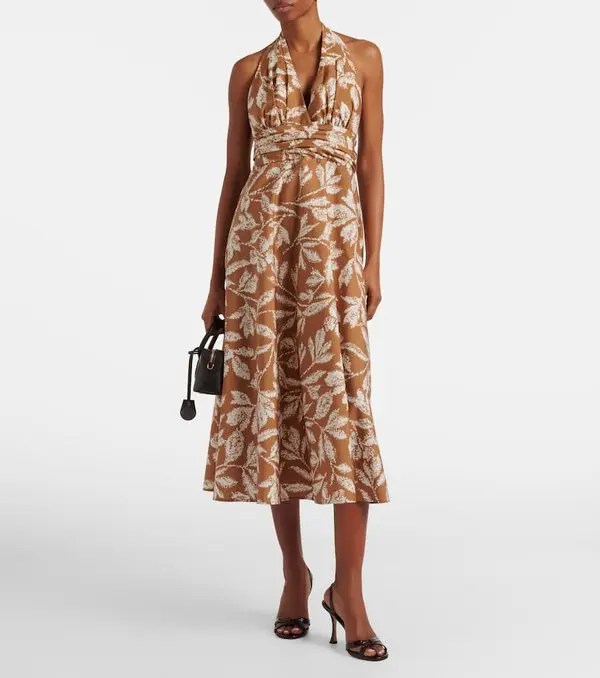 Max Mara Halterneck Printed Cotton Midi Dress - Beige