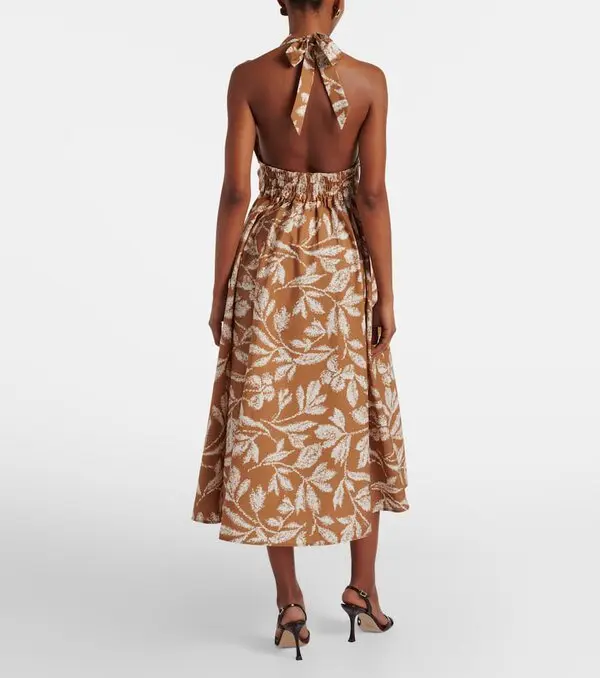 Max Mara Halterneck Printed Cotton Midi Dress - Beige